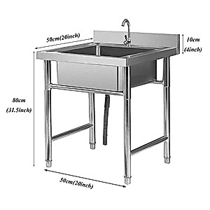 Single Bowl Free Standing Sink 1 Compartment 304 Stainless Steel Commercial Kitchen Prep Utility Hand Basin for Garage, Restaurant, Laundry Room, Indoor Outdoor (Silver 50x80cm)