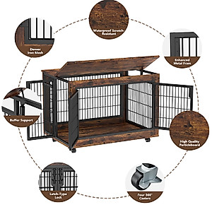 EasyCom Dog Crate Furniture, Extra Large Dog Kennel Indoor with Top-Access Teasing/Feeding Door, Spacious Dog House Moveable Furniture-Style Dog Cage with Wheels Double Doors