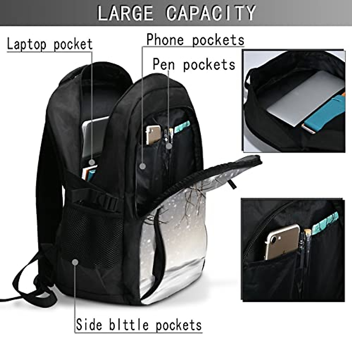 BAFAFA Snowflake Pine Tree Printed Backpack Laptop Bookbag With USB Charger Daypack For Travel Business