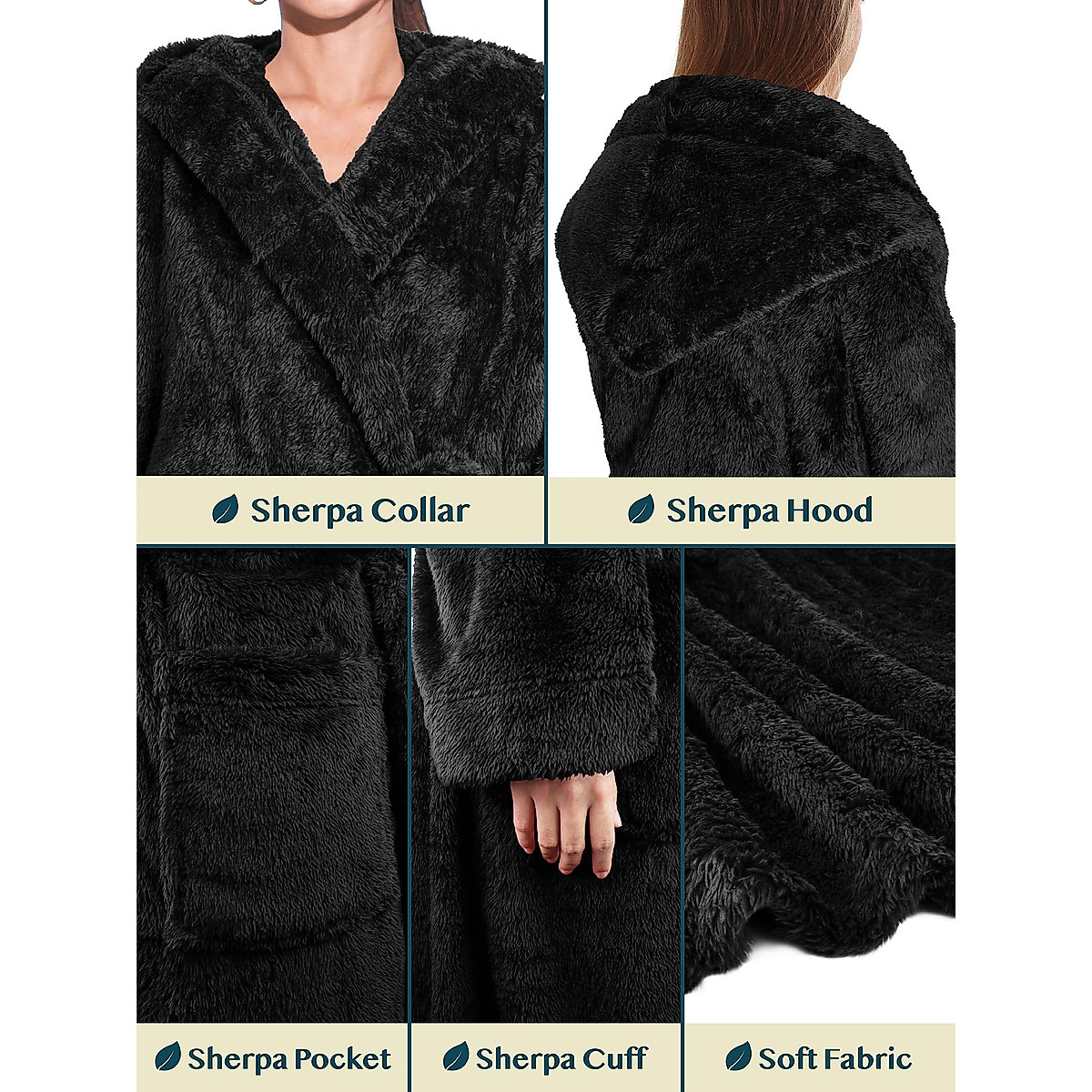 PAVILIA Women Hooded Plush Soft Robe | Fluffy Warm Fleece Sherpa Shaggy Bathrobe (L/XL, Black)
