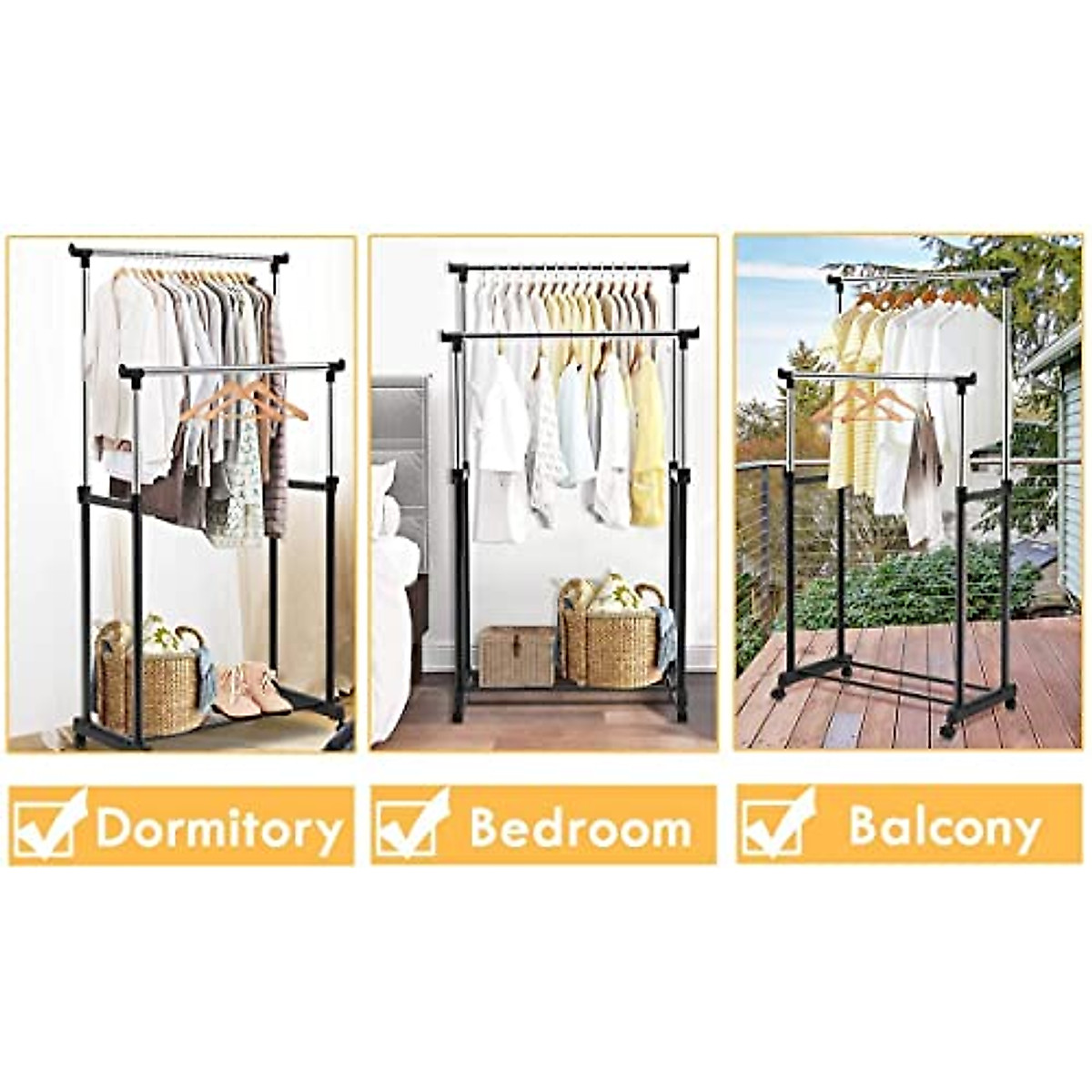 Double Pole Portable Clothing Hanging Garment Rack Laundry Drying Hanger with Wheels (Double Pole) Pole Telescopic Clothes | Fordable Single and Stand for Indoor Outdoor.