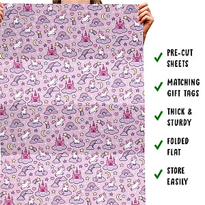 CENTRAL 23 Magical Wrapping Paper (x6) Sheets - Pink Unicorn Gift Wrap - Castles and Princesses - For Girls Kids New Baby - 1st 2nd 3rd