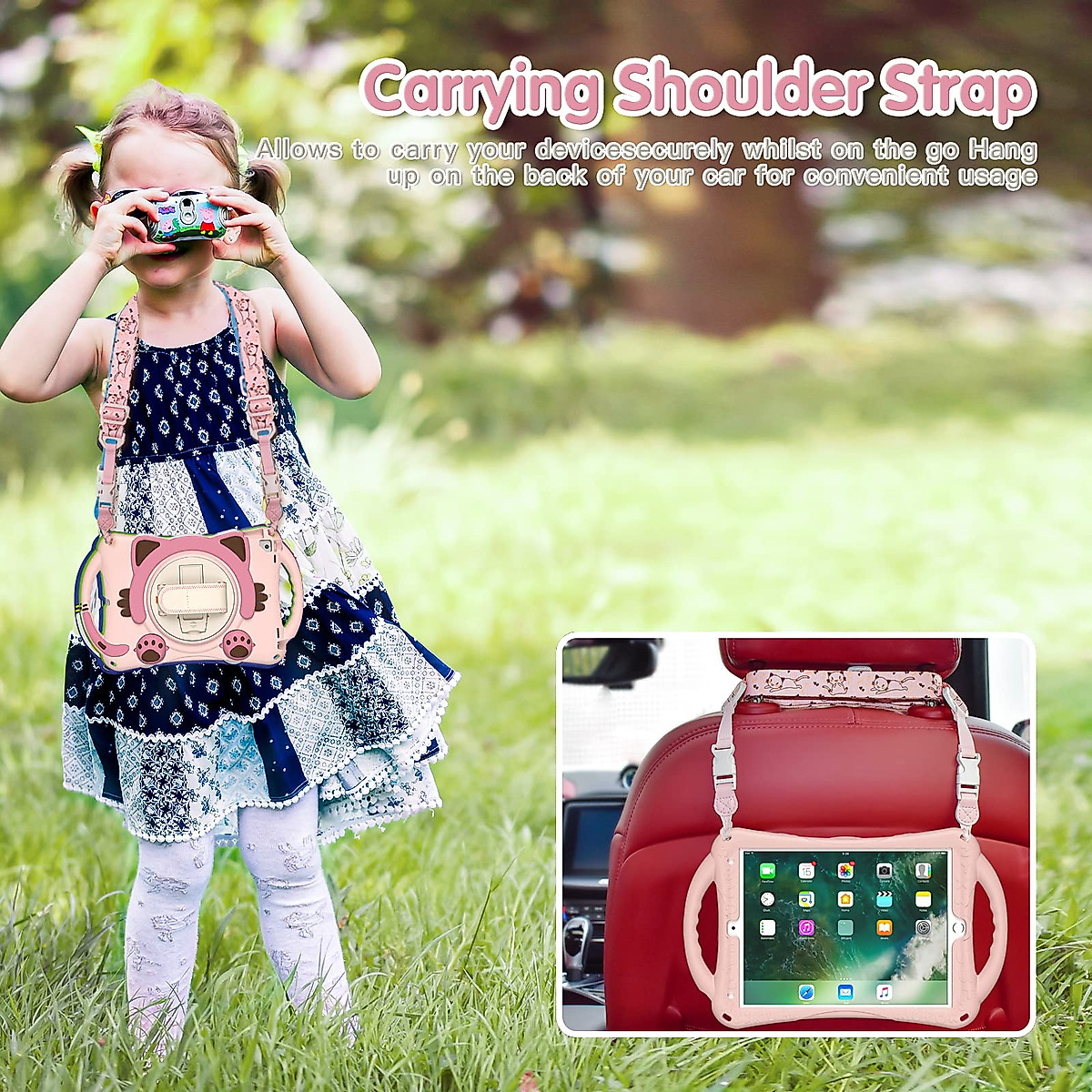 KIQ Cat Shield Case for iPad 9th Generation Case for Kids, Heavy Duty Cute ipad 10.2 case for Kids 7th 8th Gen w/Stand Shoulder Strap - Pink