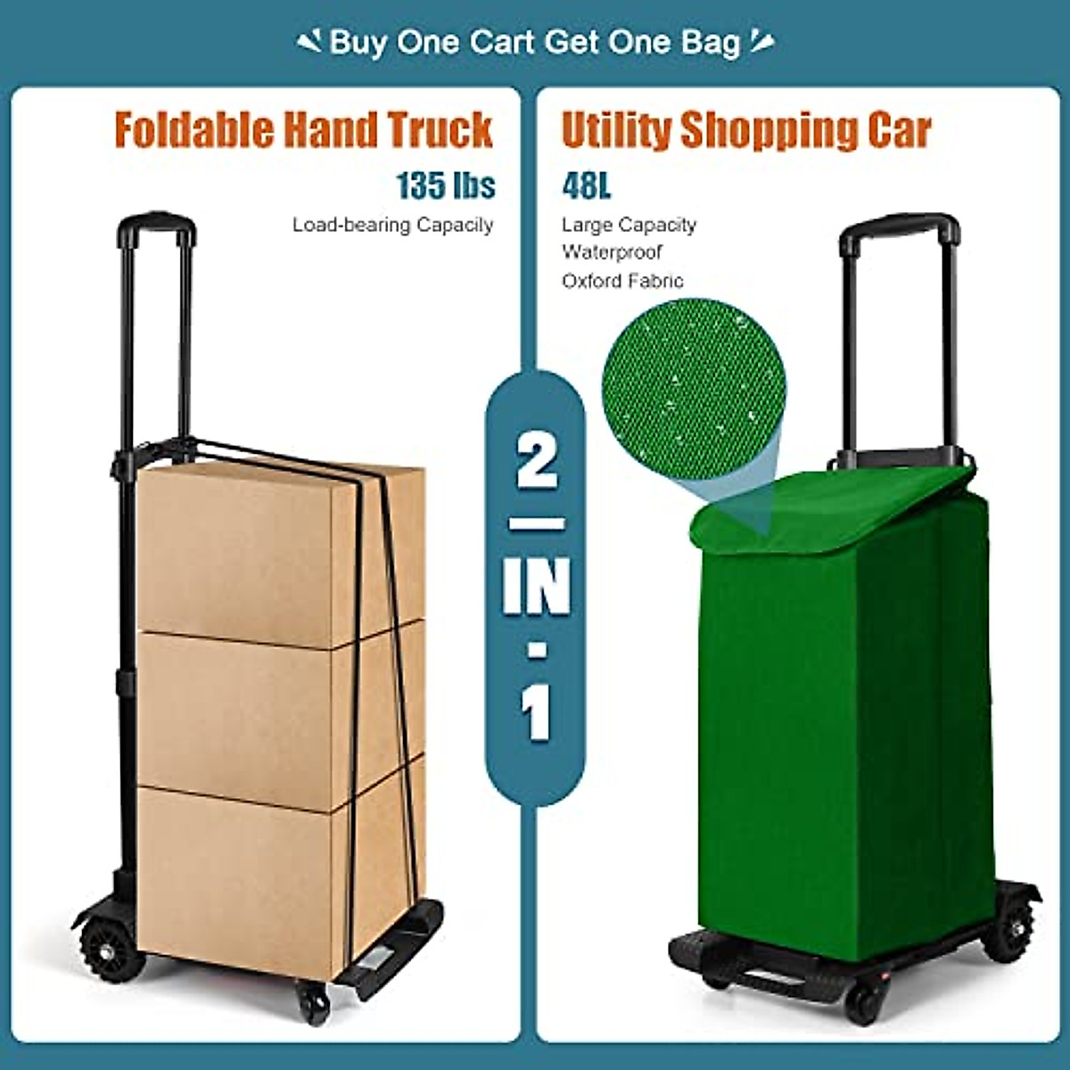 SELORSS 2-in-1 Foldable Hand Truck Utility Cart, Portable Grocery Shopping Cart with Wheels, Telescoping Handle and Removable Waterproof Bag, Collapsible Lightweight Large Capacity for Groceries