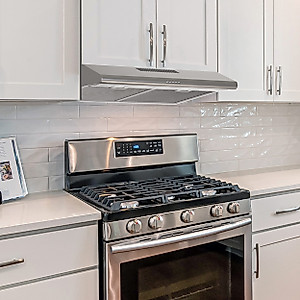 FIREGAS Under Cabinet Range Hood 30 inch, Ducted/Ductless Convertible Kitchen Hood Over Stove Vent, LED Light, 3 Speed Exhaust Fan, Reusable Aluminum Filters, Push Button, with Charcoal Filter