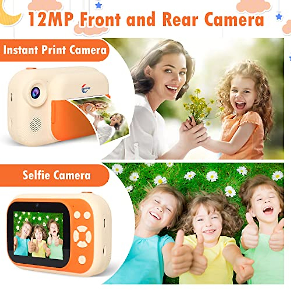 Seemee Instant Print Camera for Kids, Funny Selfie Camera, Kids Digital Camera with 3.5" Screen, 32G Card, Print Papers, Stickers, Dual Cameras HD 1080P, Birthday Gifts Toys for Boys Girls (Beige)