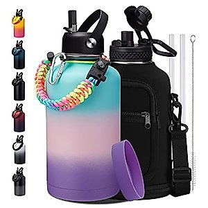 Half Gallon Water Bottle Insulated - 64 oz Water Bottle with Straw Spout Lid, Strap Carrying Sleeve, Paracord Handle, Leak Proof Metal Water Flask for Workout Sport Hiking Gym, Hydro Jug Thermo Mug