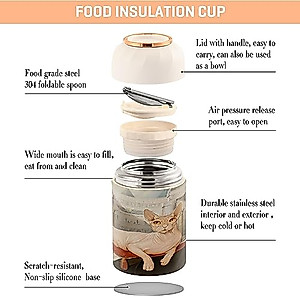 CUPADA Sphynx Kitten Cute Food Jar, Oil Painting Funny Insulated Hot Food Jars Vacuum 17OZ with Folding Spoon for Work Trip Picnic Camping