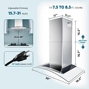 Range Hood 30 Inch, FIREGAS Ducted/Ductless Convertible Wall Mount Range Hood with Tempered Glass, 3 Speed Fan, 400CFM, Button Control, LED Light, Stainless Steel Filters, include 2 Charcoal Filters