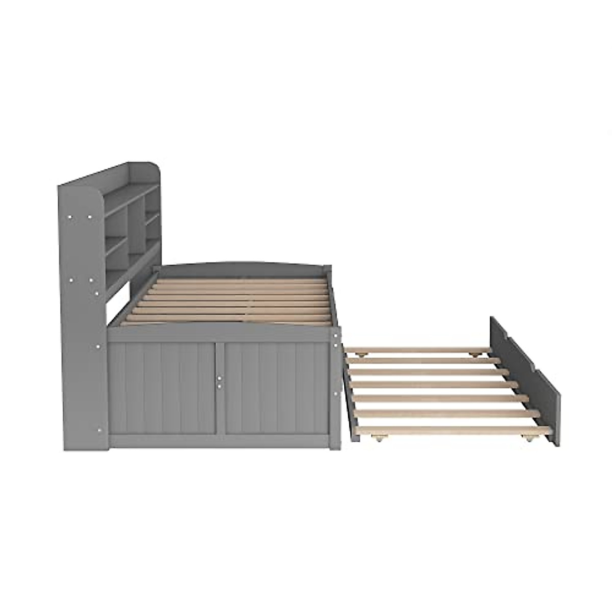 SOFTSEA Twin Size Daybed with Bookcase Headboard, Twin Captains Bed with Trundle and Storage Drawers, Wood Captains Bed with Slats Support for Kids Guests, Gray