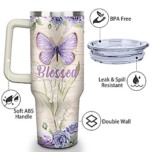 Thmasamwr Butterfly Tumbler With Lid, Straw and Handle - 40oz Stainless Steel Travel Coffee Mug Water Bottle - Gift Cup for Women and Girls