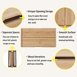 Calsign Plastic Wrap Dispenser with Cutter Bamboo 2 in 1 Aluminum Foil Organizer and Wax Paper Holder for Kitchen Drawer Compatible with 12" Roll Parchment Paper Cling Wrap Reusable Dual Organization