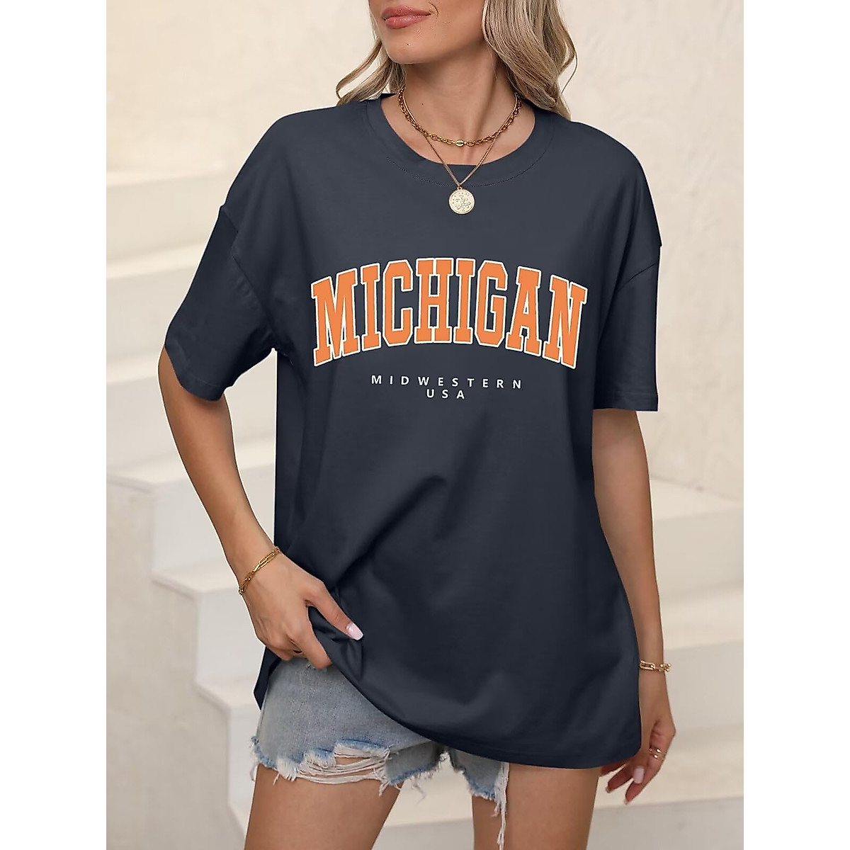 Women’s Casual Letter Graphic Print Short Sleeve Tunic Tops Round Neck Loose Tee Oversized Drop Shoulder Longline T Shirts