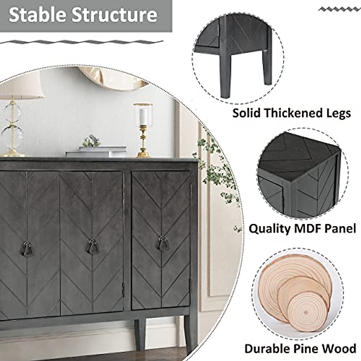 SLEERWAY Wooden Accent Storage Cabinet, Modern Console Table with Adjustable Shelf and 3 Antique Doors, Sideboard Buffet Storage Cabinet for Entryway, Living Room, Bedroom, Easy to Assemble (Gray)