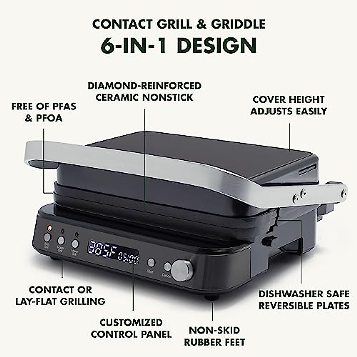 GreenPan 6-in-1 Multi-Function Contact Grill & Griddle, Healthy Ceramic Nonstick Aluminum, Two Sets of Grill & Waffle Plates, Adjustable Shade & Shear, Closed Press/Open Flat Surface, Matte Black