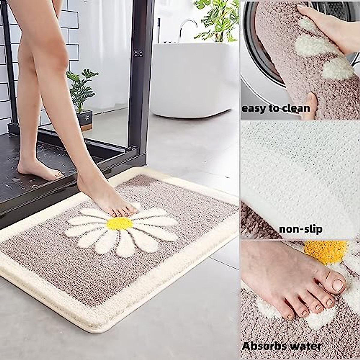 Bathroom Rugs Cute Daisy Bath Mat White and Yellow Flower Decor Rug Non Slip Floor Carpet Microfiber Bathmat Super Absorbent Machine Washable Bahtub Mats for Shower, Tub, Bedroom 16"x 24"Grey