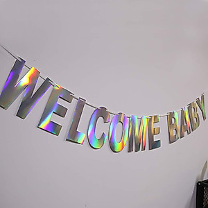 Blukey Holographic Welcome Baby Banner Hanging Bunting String Flag Iridescent White Baby Shower Decorations Banners and Signs
