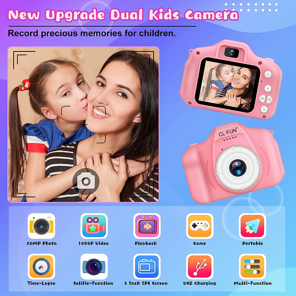 CL FUN Kids' Camera - HD Digital Video Camera for Girls & Boys Age 3-12, Portable Selfie Toy with 32GB Card - Perfect for Christmas & Birthday Gifts (Pink)