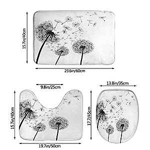HOSNYE Dandelion Bathroom Rugs and Mats Sets 3 Piece Black and White Bath Mat U-Shaped Contour Shower Mat Non Slip Toilet Lid Cover