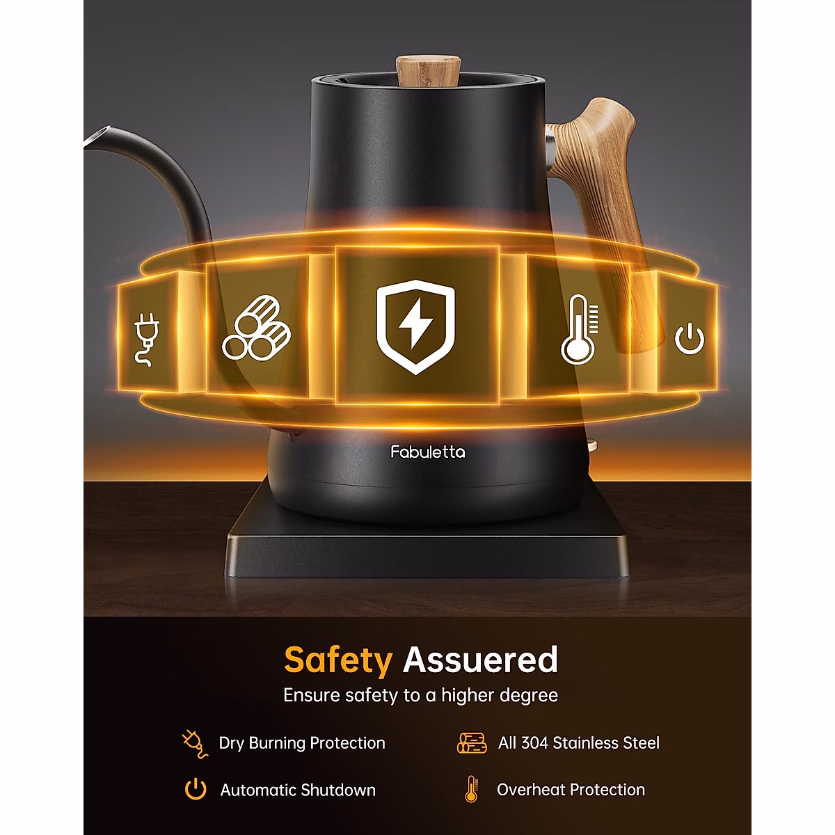 Fabuletta Gooseneck Electric Water Kettle, 3 Minutes Quick Heating, 1200W Pour Over Kettle for Coffee & Tea, Precise Water Flow Control Hot Water Boiler, 100% Stainless Steel Water Boiler