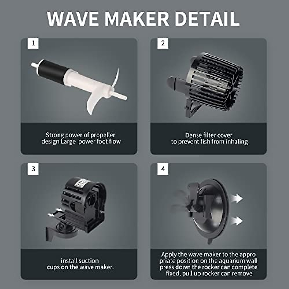 Upettools Wavemaker Aquarium Circulation Pump, Aquarium Controllable Submersible Circulation Powerhead Powerful Suction Cup 4-Head Pump for Freshwater & Saltwater 48000L/H