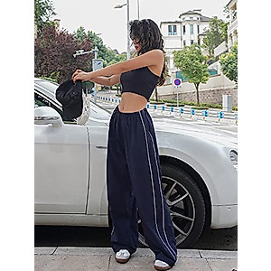 MANGMAO Womens Y2k Track Pants Y2k Clothing Parachute Pants High Waisted Cargo Pants with Pockets Trendy Baggy Sweatpants (Navy,S,Small)