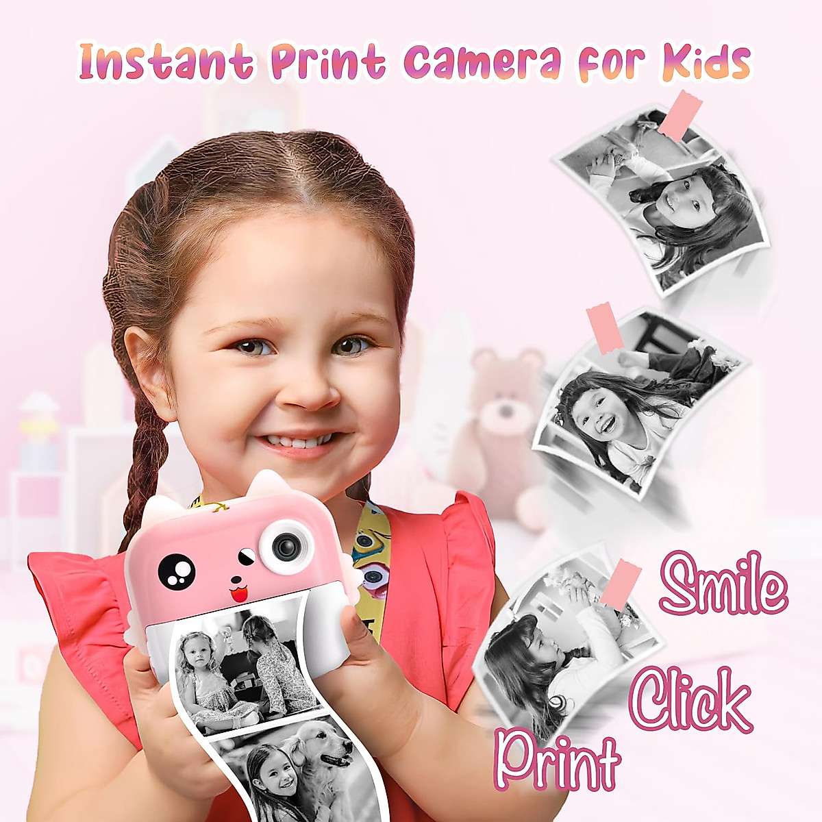 Kids Camera Instant Print Toddler Digital Camera with 1080P HD Video Camera, 2.4"IPS Screen Printing Instant Camera Birthday Gifts for Girls Boys 3-12, 48MP Camera with Phone Connected 32GB Card, Pink