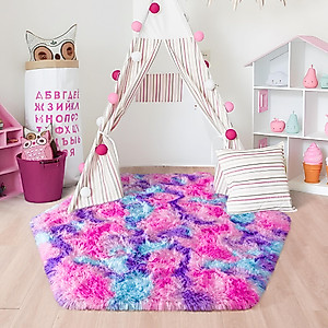 junovo Ultra Soft Hexagon Rug Fluffy Rainbow Nursery Rug for Princess Tent Kids Play Castle, Furry Hexagonal Carpet for Kids Girls Room Playhouse Classroom Dorm Home Decor, 4.6ft Tie-Dye Hot-Pink