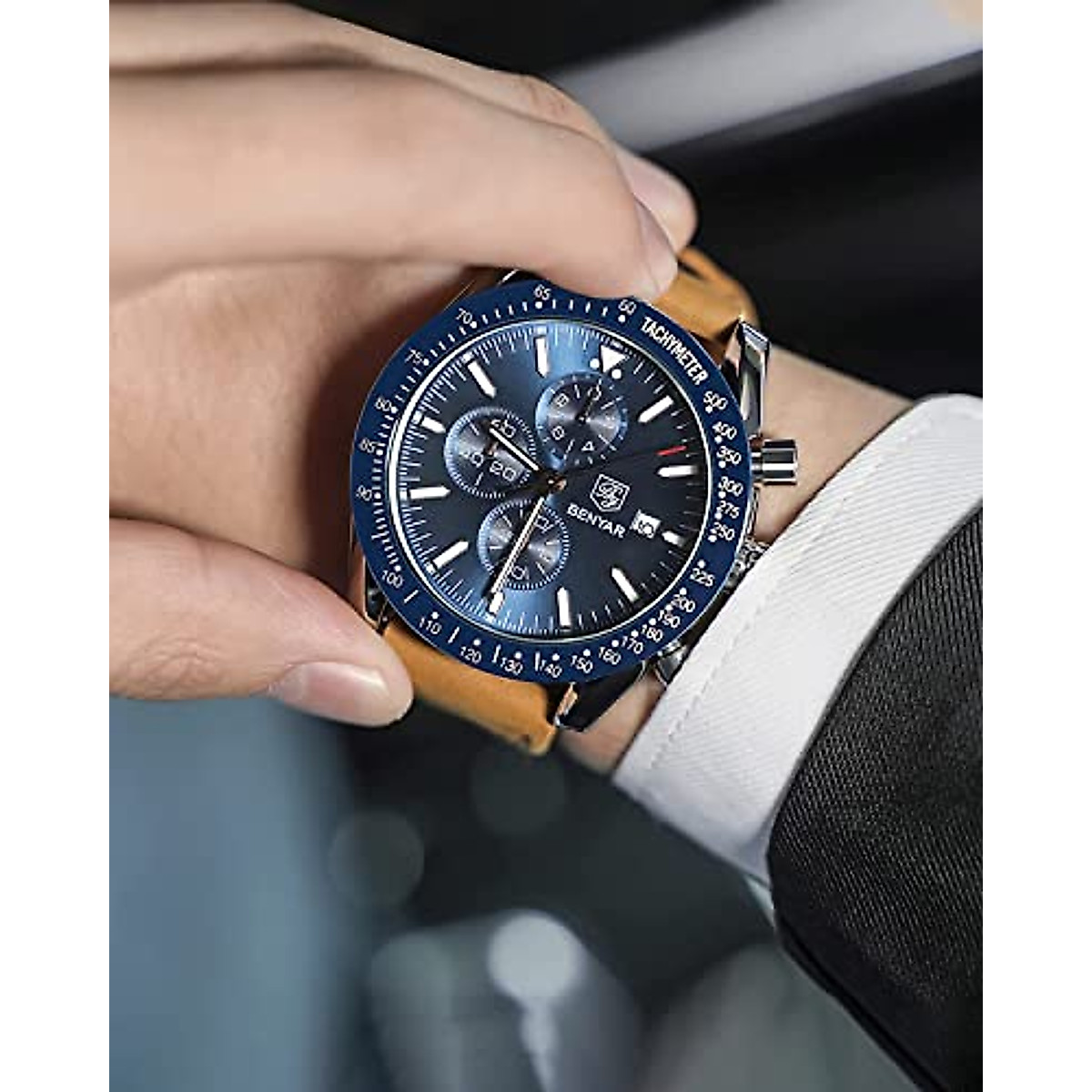 BY BENYAR Mens Analog Quartz Chronograph Waterproof Luminous Leather Watch Business, Work, Sport, Casual, Fashion - Elegant Gift for Men