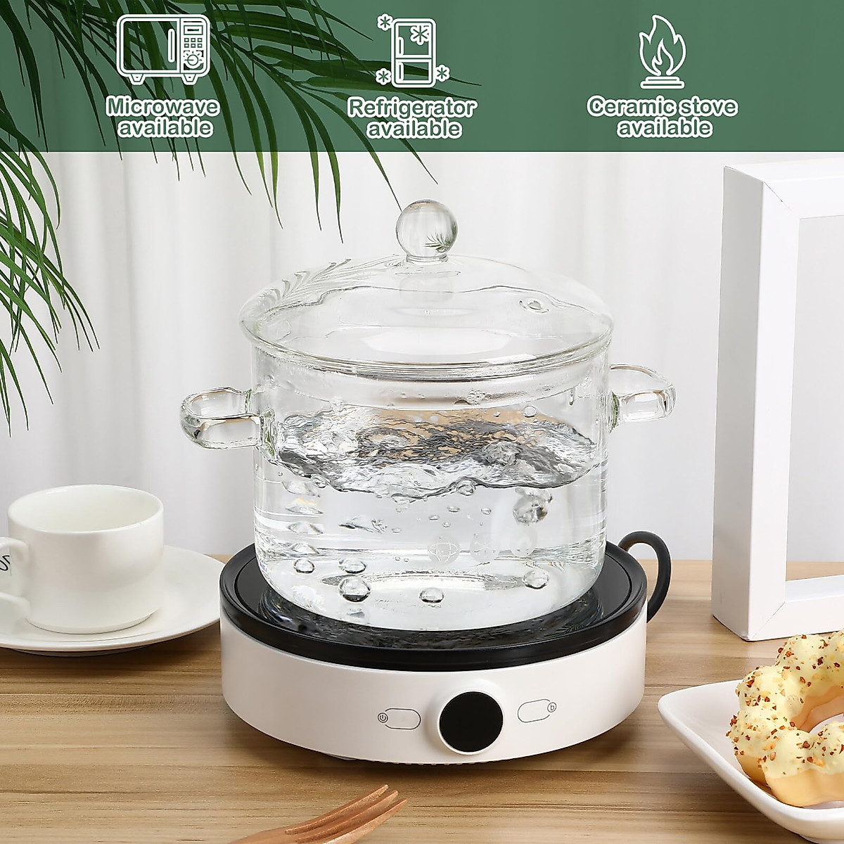 Hemoton 45Oz(1.35L) Glass Saucepan with Cover - - Glass Simmer Pot for Stovetop - Dual Handles Pot for Pasta Noodle, Soup, Milk, Tea