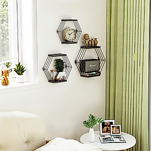 YEMNMFH Hexagon Floating Shelves for Wall Set of 3, Black Metal Wall Decor Honeycomb Shelves, Trinket Shelf, Natural Wood Decorative Floating Shelves for Bedroom, Living Room, Kitchen and Office