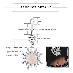 Drperfect 14G Belly Button Rings Dangle with Opal Feather Sun Moon Star for Women Belly Rings Navel Rings 316L Surgical Steel Belly Navel Piercing Jewelry (Silver Tone)