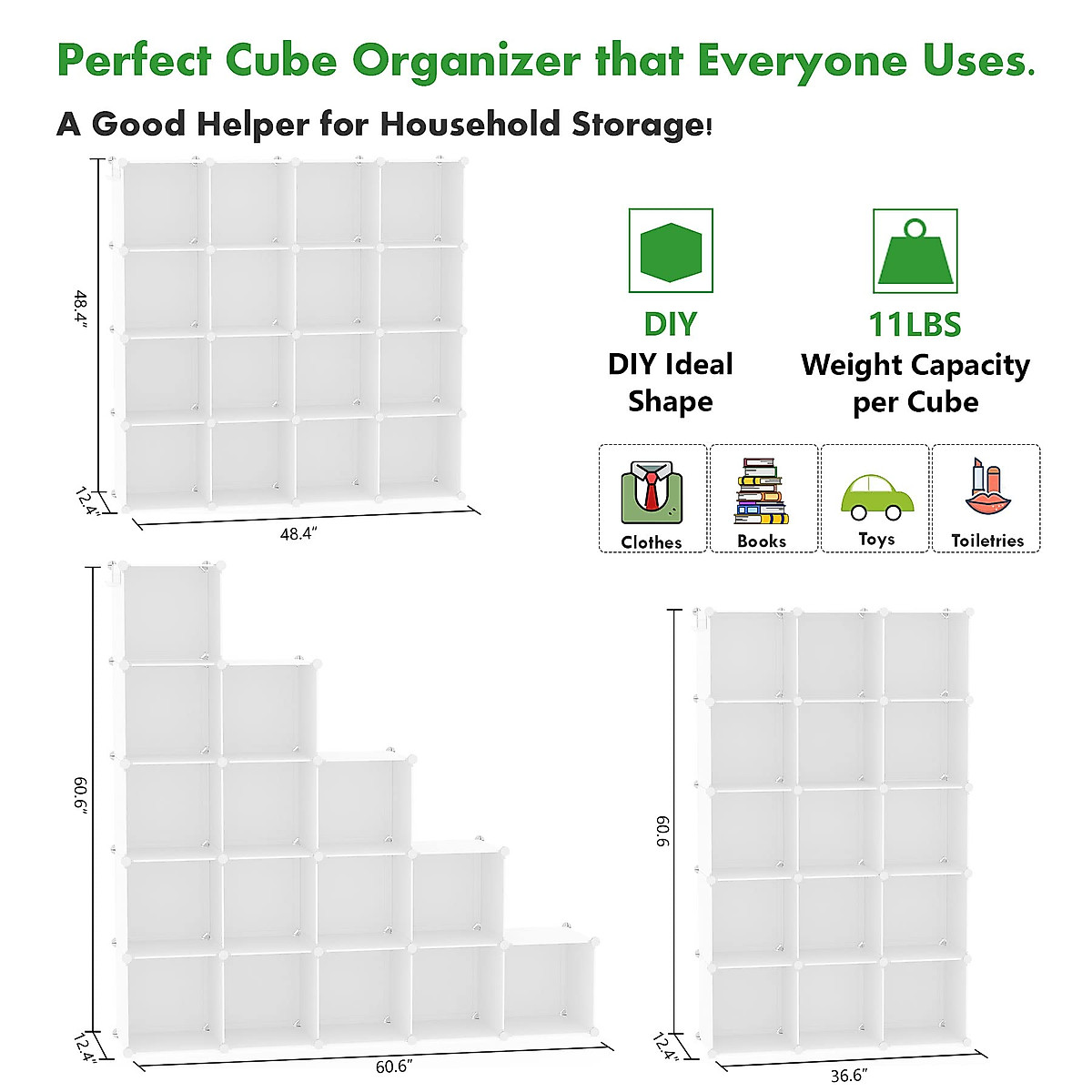 C&AHOME Cube Storage Organizer, 16-Cube Shelves Units, Closet Cabinet, DIY Plastic Modular Book Shelf, Ideal for Bedroom, Living Room, Office, 48.4" L x 12.4" W x 48.4" H Milky UPCS16M