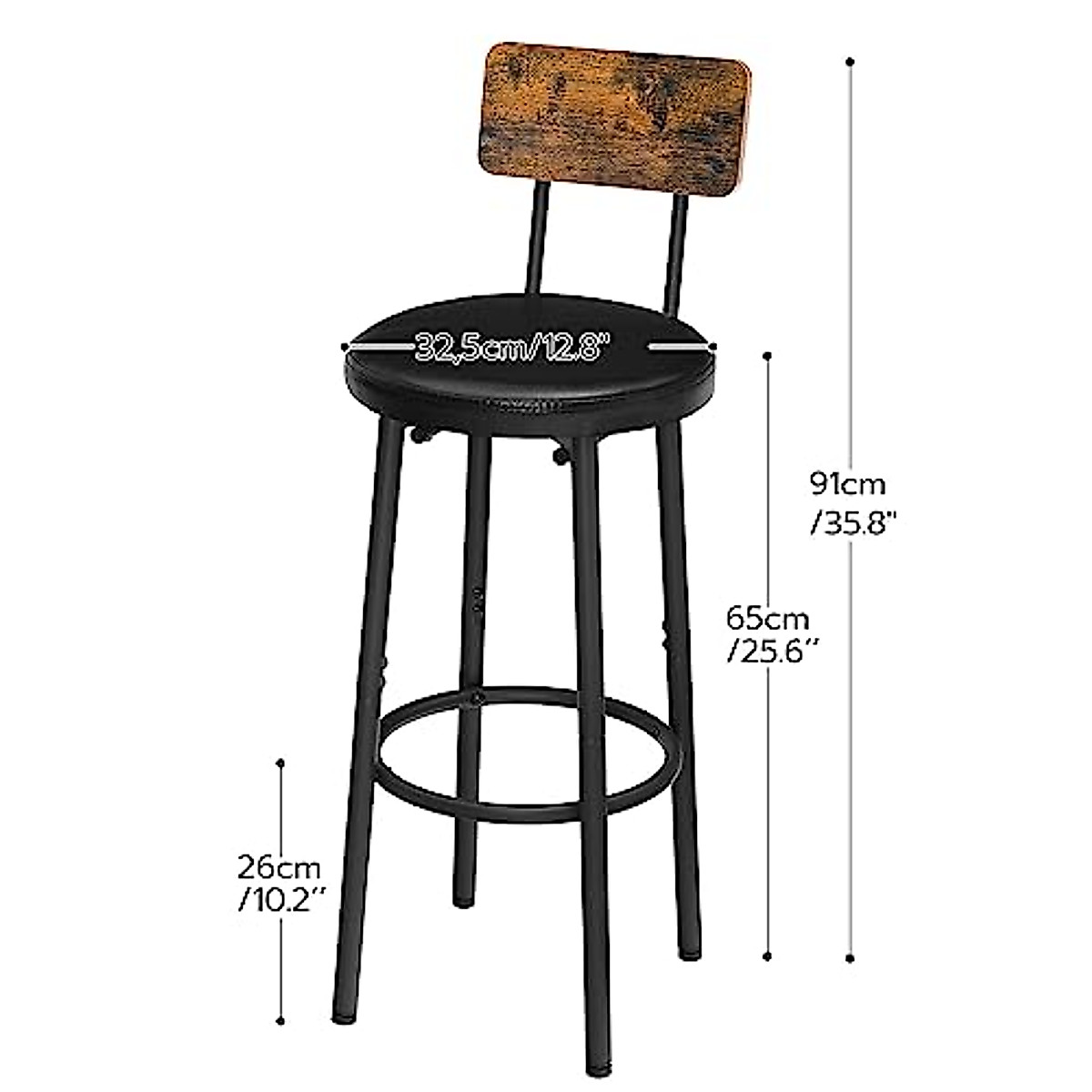 HOOBRO Bar Stools with Backrest, Set of 2 Bar Chairs, Counter Stools with PU Upholstery, Breakfast Stools with Footrest, for Kitchen, Living Room, Bar, Rustic Brown and Black BF31BY01