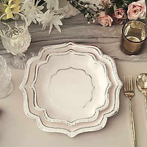 Tableclothsfactory 25 Pack | White/Silver 10" Scallop Rim Dinner Party Paper Plates, Disposable Plates - 300 GSM