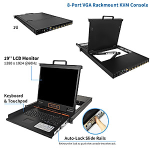 8 Port Rack Mount KVM Console w/19" Rackmount Monitor, 1U VGA KVM Switch Drawer+Keyboard+Touchpad+8 VGA Cable,OSD/Hotkey/Button Switch, 1280X1024@60Hz, 23.8" Deep,Compatible with Windows,Linux,Mac,Sun