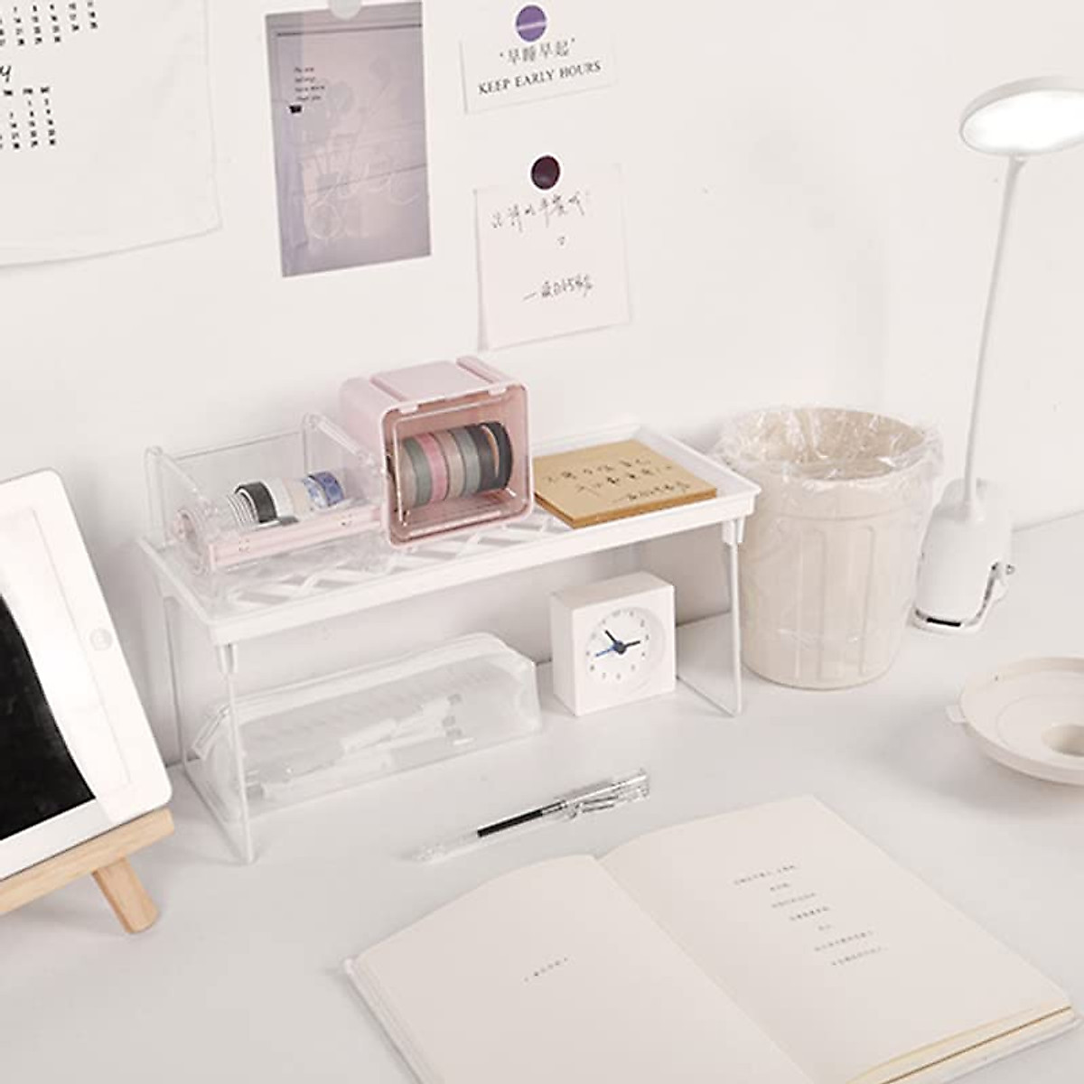 Enforose Desktop Shelf, Dormitory Storage Shelf Strong PP Metal Organization Storage Rack Simple Style Foldable Design Desktop Display Shelf for Office, Dorm, Home (Small)