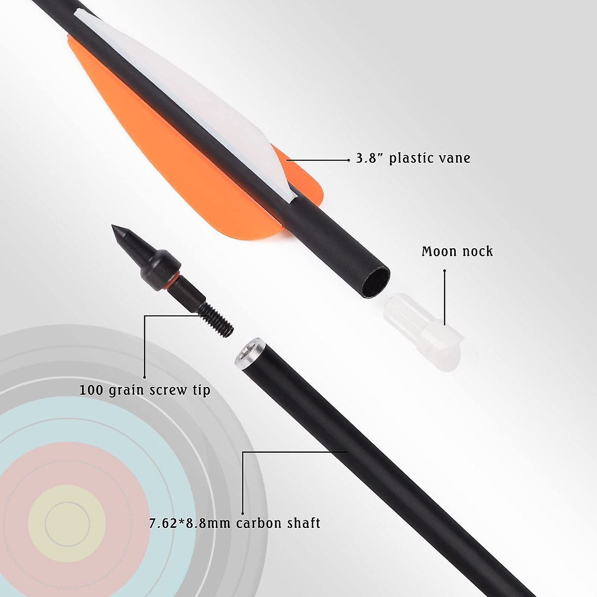 TY Archery Carbon Crossbow Bolts 16/18/20/22 inch Hunting Archery Arrows with 4" Vanes Moon Nocks and Removable Tips (Pack of 12)