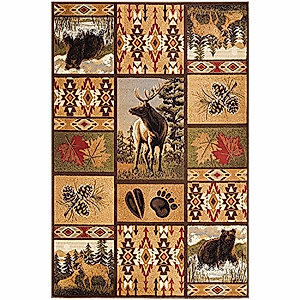 Champion Rugs Wildlife Nature Bear and Elk Scene Lodge Cabin Area Rug (3 Feet 10 Inch X 5 Feet 2 Inch)