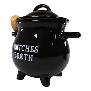 Ebros Ceramic Wicca Hocus Pocus Witch Black Cauldron Magical Witches Broth Dipping Or Condiment Bowl Or As Large Mug 18oz With Broom Spoon Serveware Set Halloween Party Hosting Accent