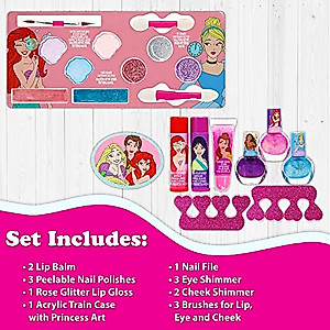 Disney Princess Train Case Girls Beauty Set, Kids Makeup Kit for Girls, Real Washable Toy Makeup Set, Play Makeup, Pretend Play, Party Favor, Birthday, Toys Ages 3 4 5 6 7 8 9 10 11 12
