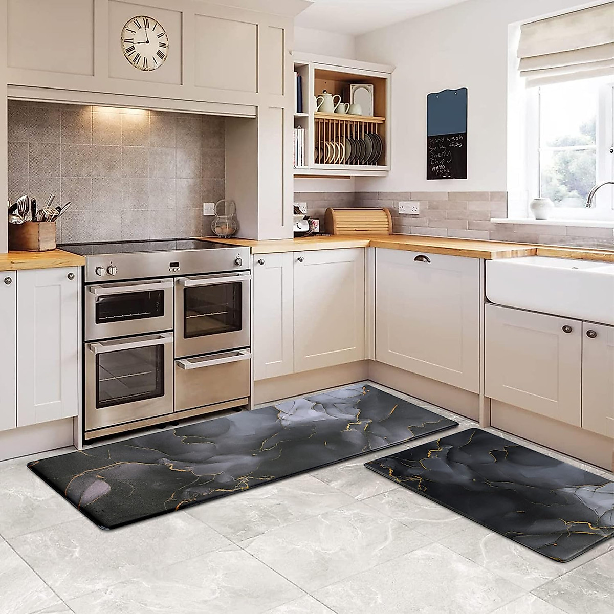 BLEUM CADE 2 PCS Kitchen Rugs and Mats Black Marble Kitchen Mats for Floor Anti Fatigue PVC Waterproof Leather Runner Rug Non Slip Cushioned Standing Mat for Sink Laundry 17.3''x30''+17.3''x47''
