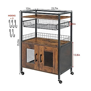 Hencawima Coffee Bar Cabinet, 3 Tier Coffee Station Table on Wheels, Bar Cart with Wire Basket Drawer & 5 Hooks for Home Kitchen, Liquor Buffet Sideboard Cabinet (Rustic Brown)