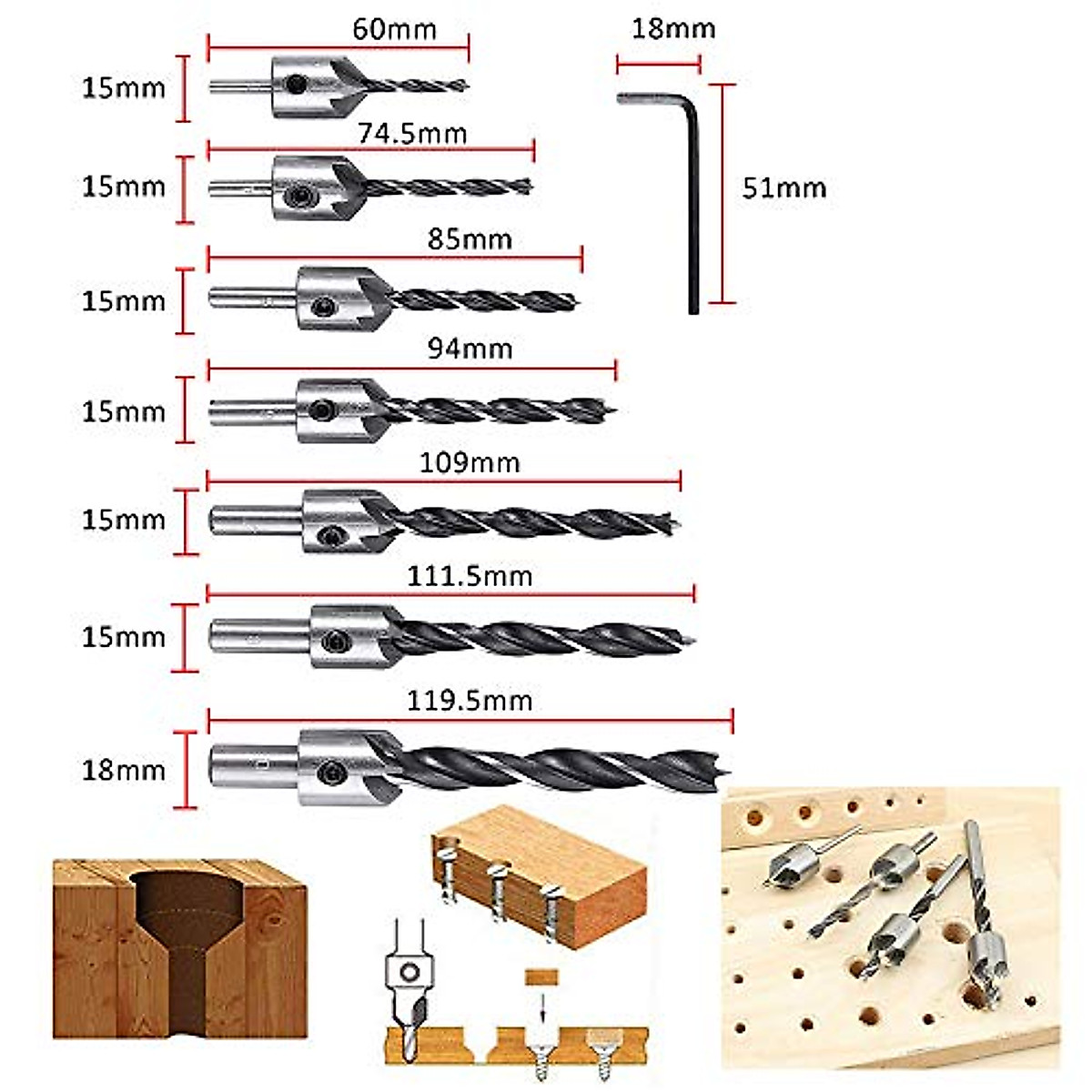 YEEZUGO 23-Pack Woodworking Chamfer Countersink Drill Bit, 6pcs 1/4" Hex 5 Flute 90 Degree Countersink Drill Bits, 7pcs Three Pointed Countersink Drill Bit, 8PCS Wood Plug Cutter, and Automatic