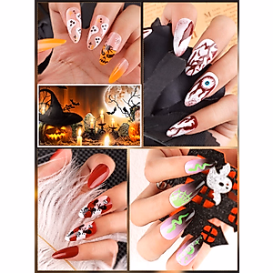 144PCS Halloween False Nails, Lorvain Halloween Artificial Nails Acrylic Full Cover Nails Fake Fingernails Press on Nails with 6PCS Nail Glue for Women Girls DIY Nail Art Salon Home (Almond)