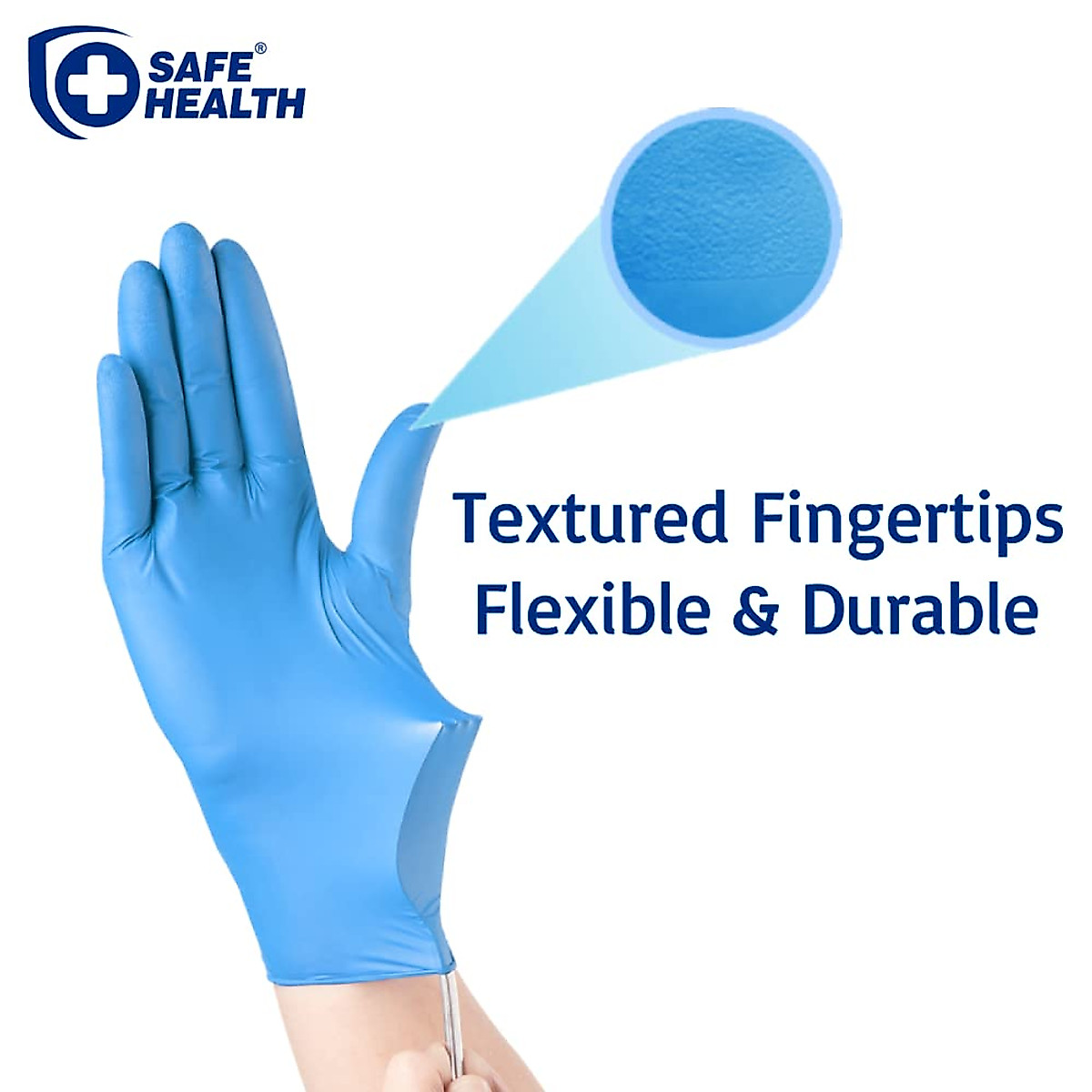 Safe Health Nitrile Exam Disposable Gloves, Latex Free, Powder Free, Blue, Case of 1000, Medium, Textured, 3.5 mil, Medical Grade, Food, Tattoo, Nursing, Cleaning, School