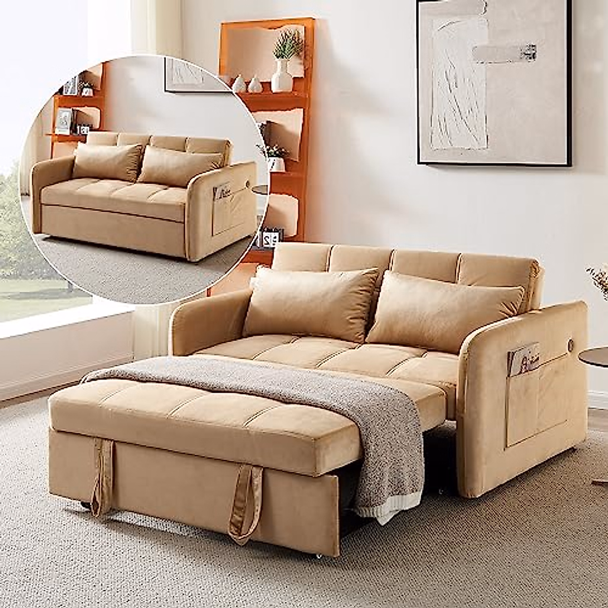 NIOIIKIT 3-in-1 Convertible Sleeper Sofa Bed, Modern Velvet Loveseat Sofa Couch, Chaise Lounge with Adjustable Backrest, Pillows, Pocket, Pull Out Bed for Living Room, Bedroom (Khaki)