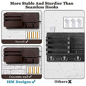 ISM Designs Key Hangers for Wall Decor - Mail and Holder with Shelf Organizer Hooks, Rustic Brown, 16 Inch x 8