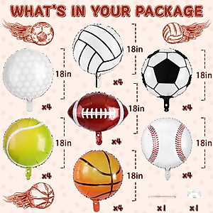 28 Pieces Sports Foil Balloon Set, Mylar Sports Balloons - 18 Inch Baseball Balloons Basketball Balloons Soccer Balloons Volleyball Balloons Sports Game Balloons for Birthday Sports Themed Party