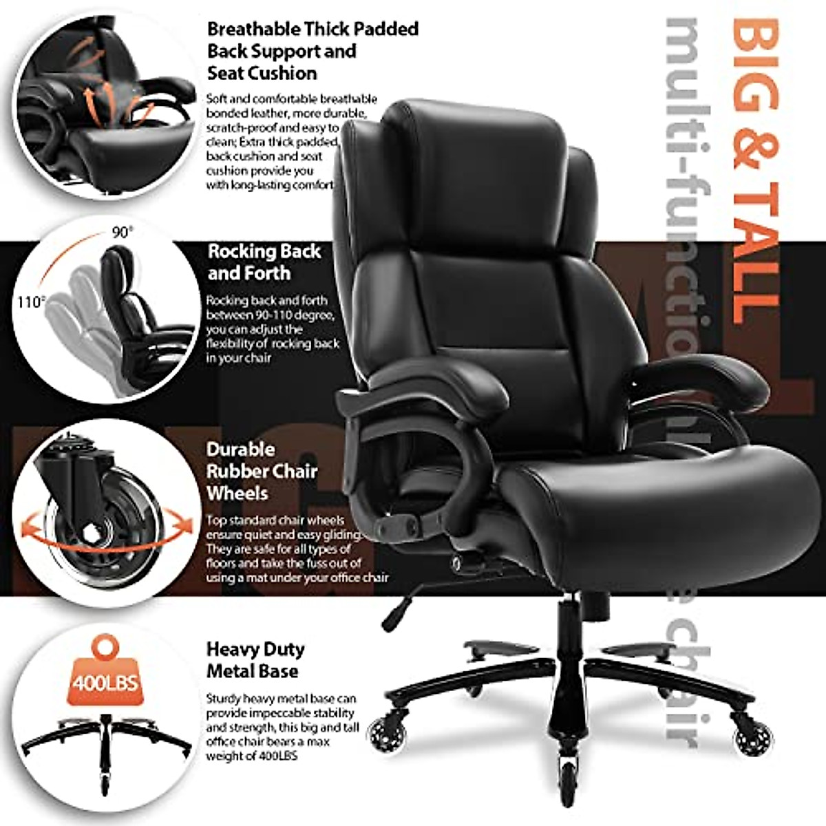 Big and Tall 400lbs Office Chair - Adjustable Lumbar Support Heavy Duty Metal Base Quiet Rubber Wheels High Back Large Executive Computer Desk Swivel Chair, Ergonomic Design for Back Pain, Black
